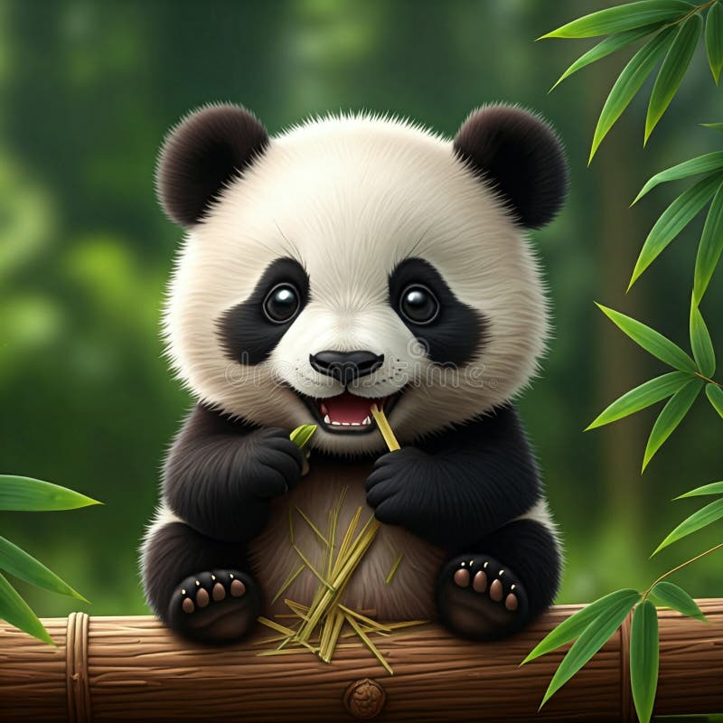 Chibi Panda Enjoying a Bamboo Snack Stock Illustration - Illustration ...