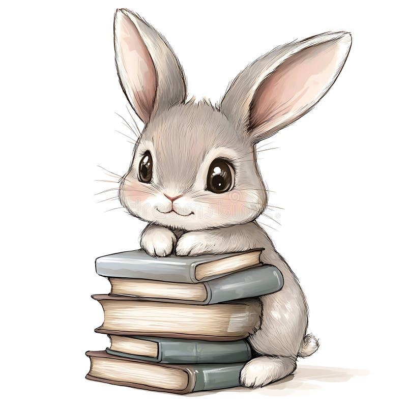 Chibi Rabbit Balancing on Stack of Books Stock Illustration ...