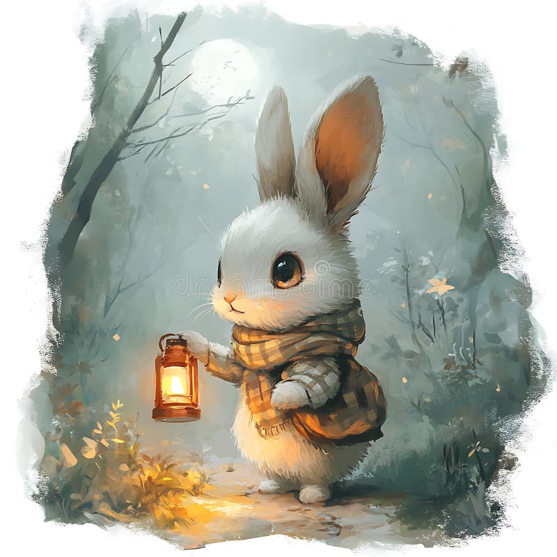 Chibi Rabbit Exploring with Tiny Lantern Stock Illustration ...