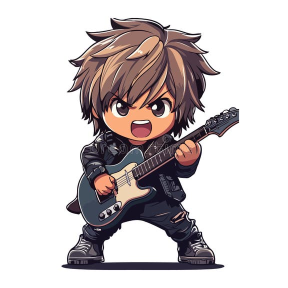 Chibi Rocker Playing Electric Guitar with Passion. Stock Vector ...