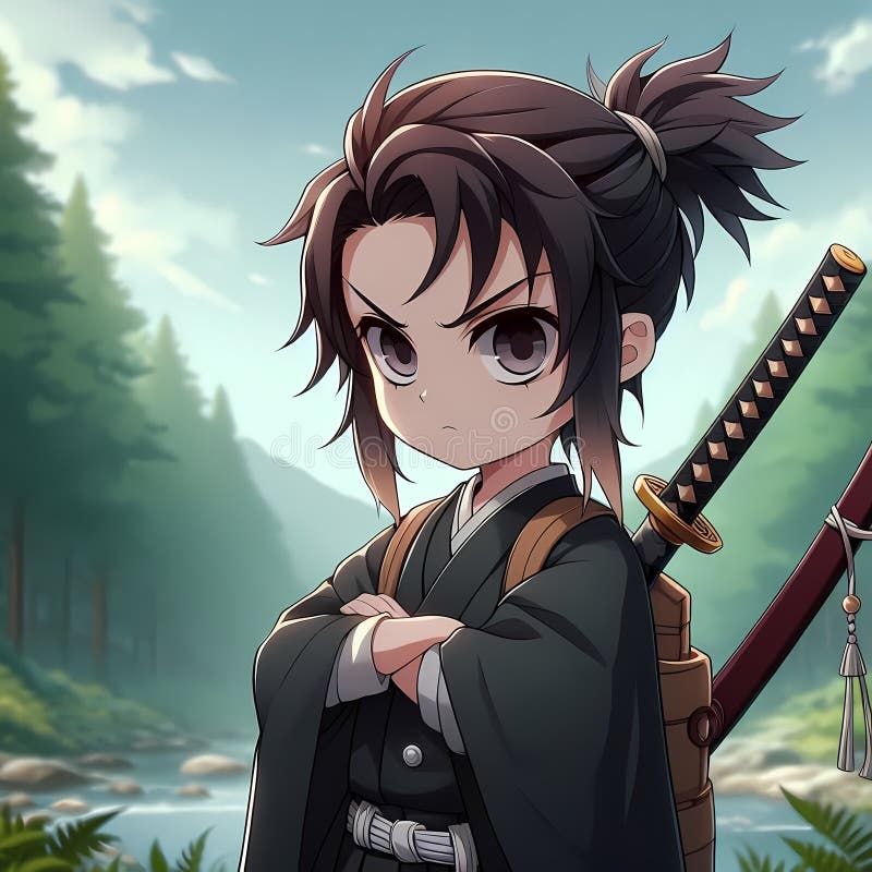 Chibi Samurai Character with Sword in Scenic Forest Background Stock ...