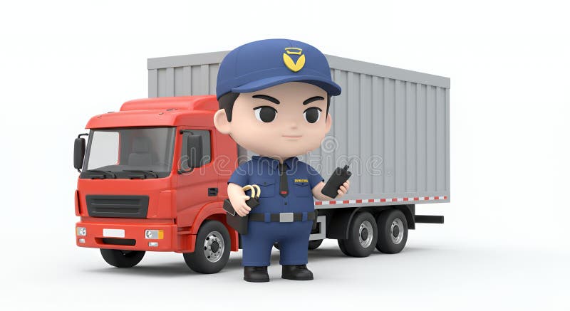 Chibi Security Guard with Red Truck 3D Render Stock Illustration ...