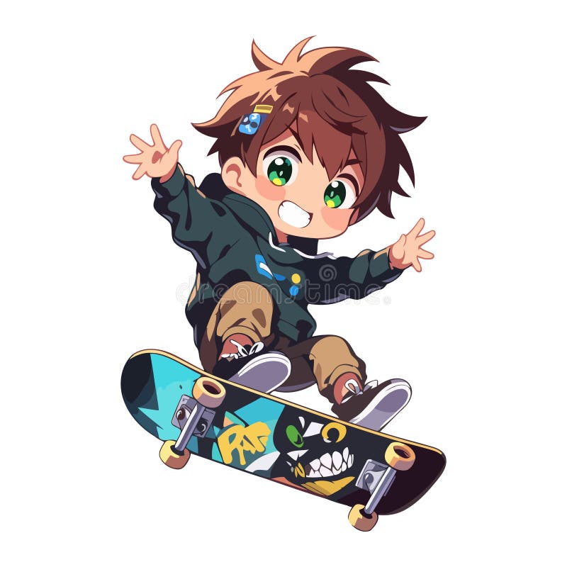 Chibi Skater Jumping with Skateboard in Air. Stock Vector ...