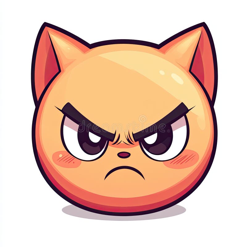 Chibi Style Angry Cat Emoji with Furrowed Eyebrows and Round Face Stock ...