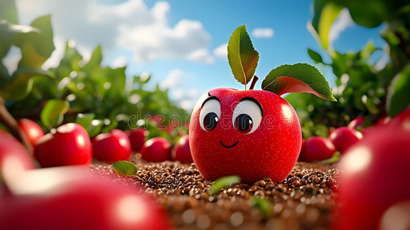 Chibi Style Apple Orchard with Ripe Fruit in 3D Rendering Stock ...