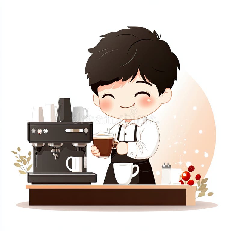 Chibi Style Barista Joyfully Making Coffee with Espresso Machine Stock ...