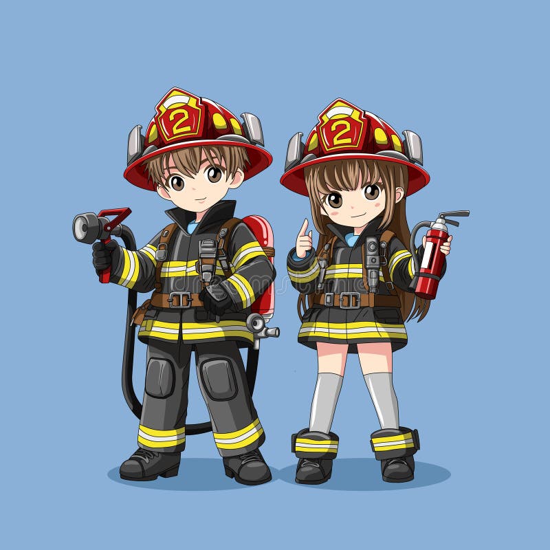 Chibi Style Boy and Girl Fire Fighter Stock Vector - Illustration of ...