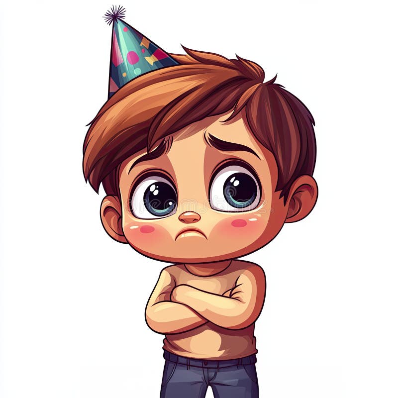 Chibi Style Boy with Party Hat Looking Pouting and Sad Stock ...
