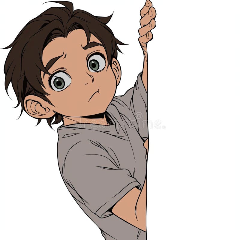 Chibi Style Boy with Worried Expression Peeking Around Corner Stock Illustration - Illustration ...