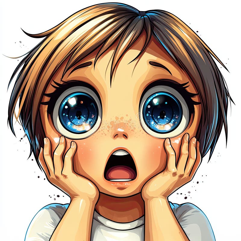 Chibi Style Character with Big Sparkling Eyes and Tiny Hands Expressing ...