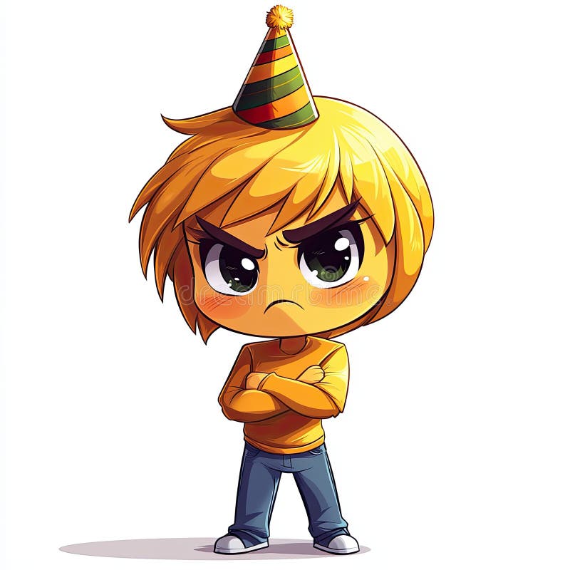 Chibi Style Character with Party Hat, Pouting and Looking Serious Stock ...