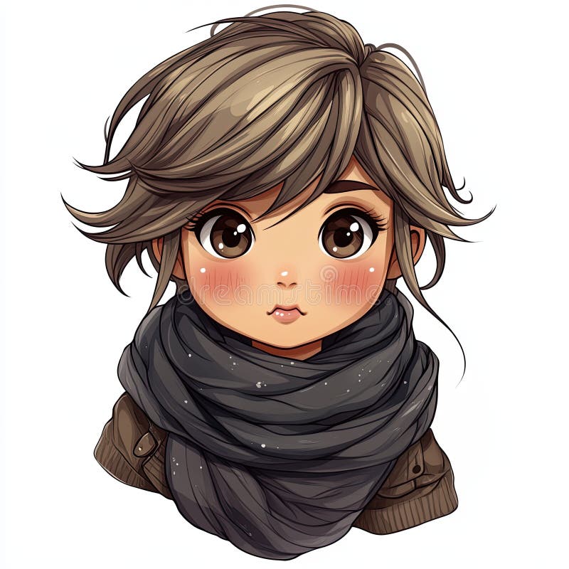 Chibi Style Character with Winter Scarf and Expressive Eyes Stock ...