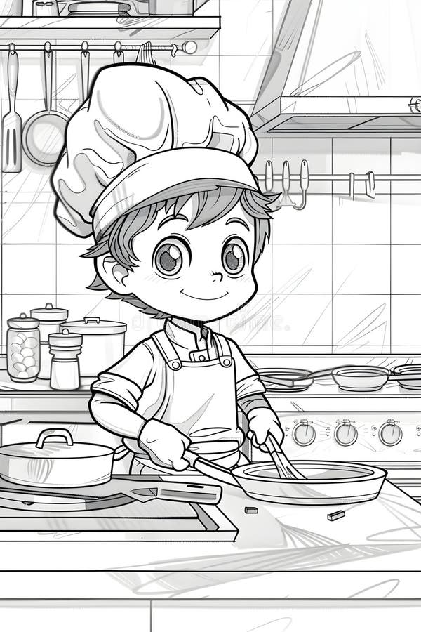 Chibi Style Coloring Book for Kids in Kitchen Stock Illustration ...
