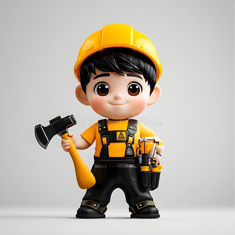 Chibi Style Construction Worker Child Holding Hammer on Solid White ...
