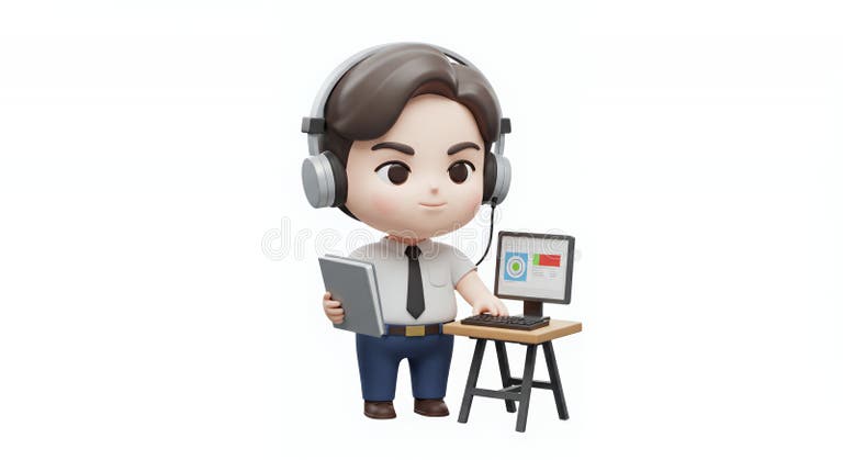 Chibi Style 3D Render of Young Man in Headset Working at Desk with ...