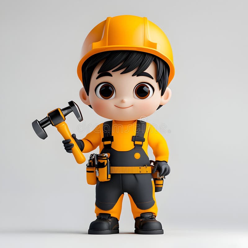 Chibi Construction Worker Child Holding Hammer on Clean White ...