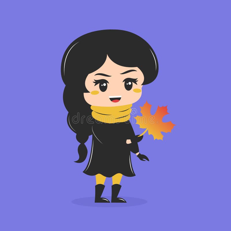 Chibi Style Girl Character with Maple Leaf. Vector Illustration in Flat ...