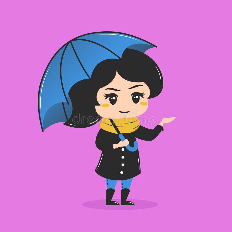 Chibi Style Girl Character with Umbrella. Vector Illustration in Flat ...
