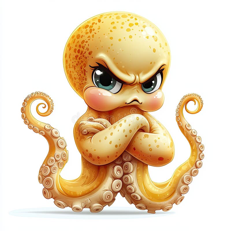Chibi Style Octopus with Puffed Cheeks and Angry Expression Stock ...