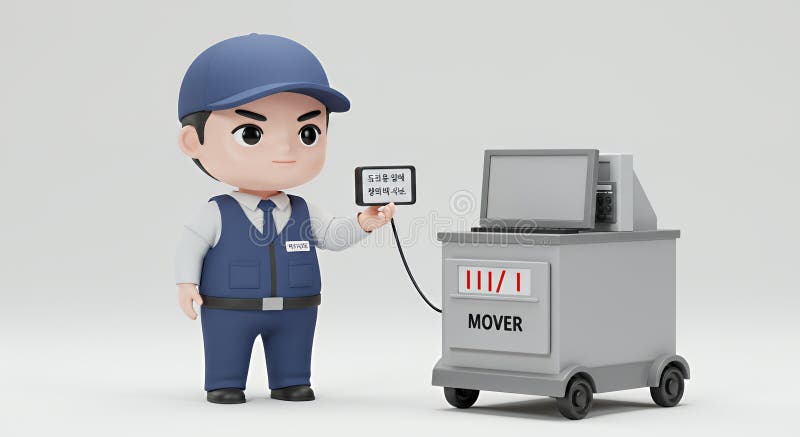 Chibi-Style Worker Operating Gray Machine 3D Render Isolated on White ...