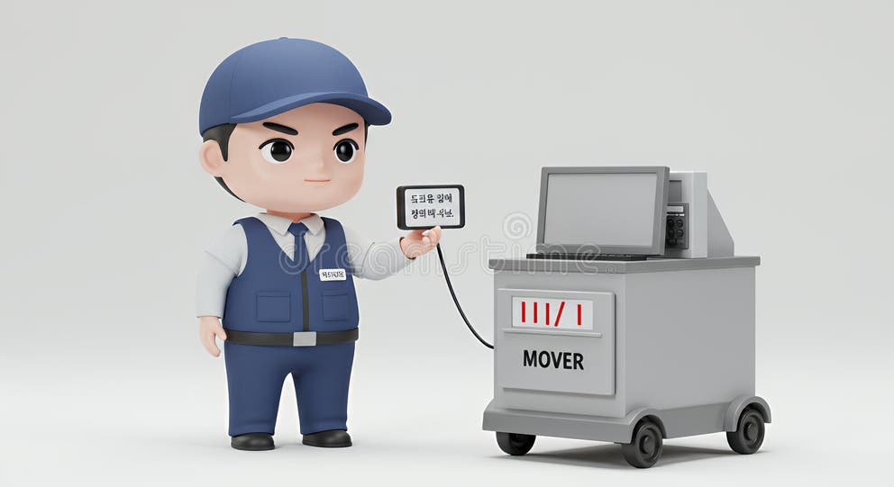 Chibi-Style Worker Operating Gray Machine 3D Render Isolated on White ...