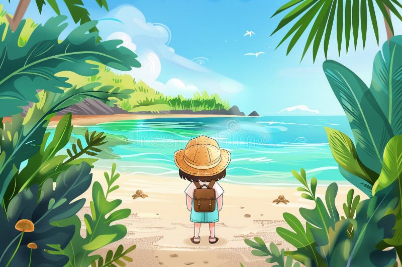 A Chibi Traveler Exploring a Tropical Beach Paradise Stock Illustration ...