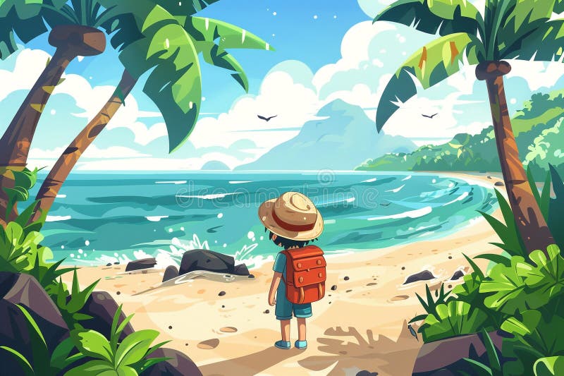 A Chibi Traveler Exploring a Tropical Beach Paradise Stock Illustration ...