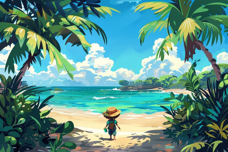 A Chibi Traveler Exploring a Tropical Beach Paradise Stock Illustration ...