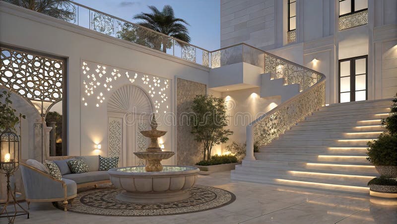 Chic Architectural Interior in Arabic Style, Light Stone, Sofas, Vase ...