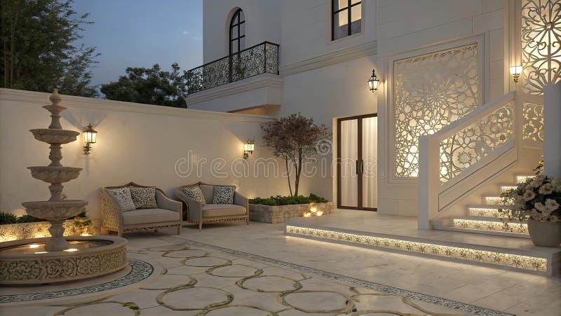 Chic Architectural Interior in Arabic Style, Light Stone, Sofas, Vase ...