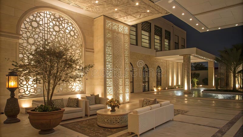 Chic Architectural Interior in Arabic Style, Light Stone, Sofas, Vase ...