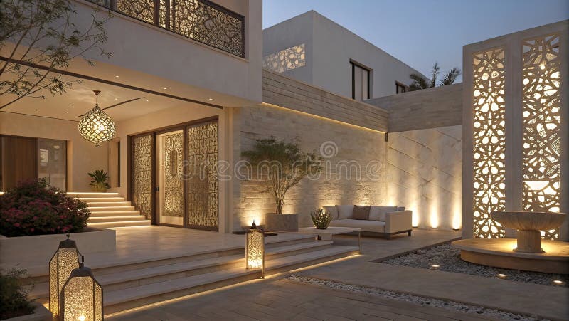Chic Architectural Interior in Arabic Style, Light Stone, Sofas, Vase ...