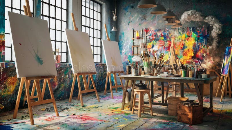 Chic Art Studio with Vibrant Paint Splashes and Large Canvases Stock ...