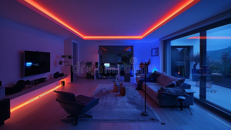 A Chic Basement Lounge Illuminated by LED Strips, Setting the Stage for ...