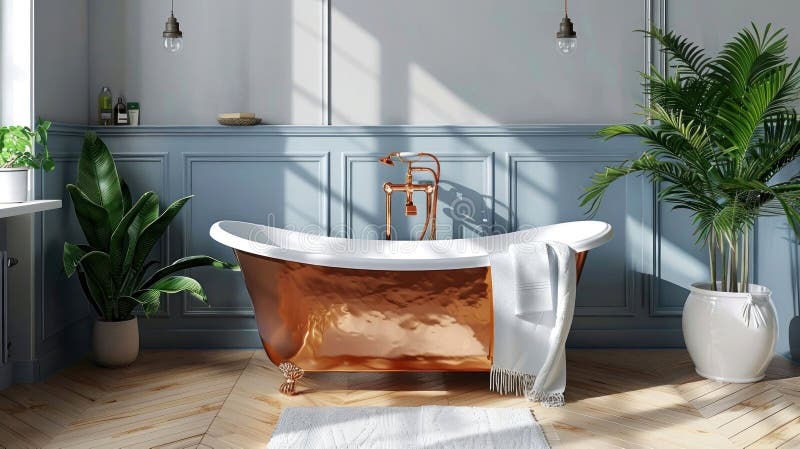 Chic Bathroom with a Gleaming Copper Tub, Flanked by Lush Greenery ...
