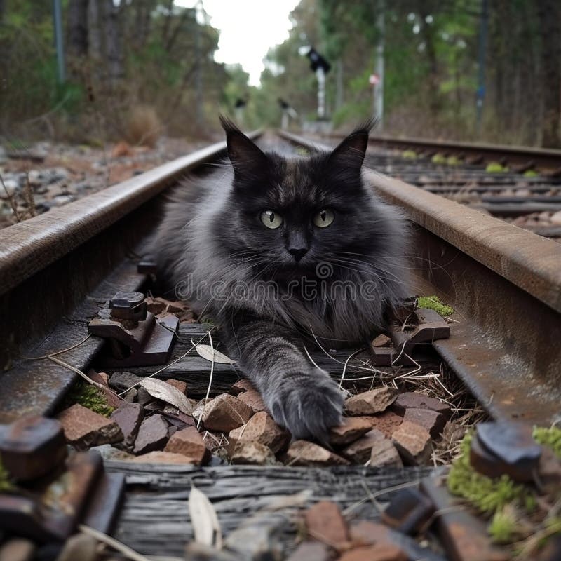Chic Black and Gray Long-haired Cat Lounging on Railroad Tracks Stock ...