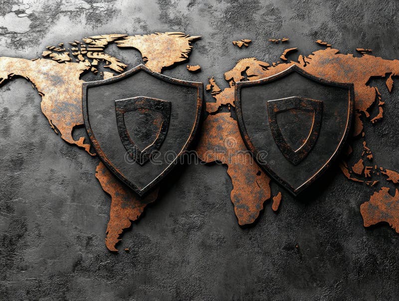 Chic Black Shields Stand Out Against a Golden World Map, Framed by a ...