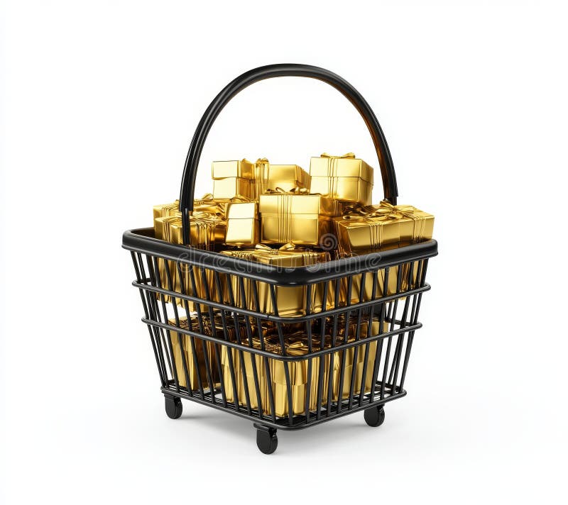 A Chic Black Shopping Basket with Intricately Wrapped Gift Boxes. Stock ...