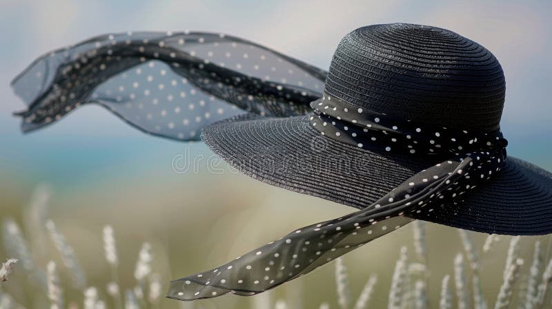 A Chic Black Straw Hat with a Polka Dot Ribbon Being Playfully Tugged ...