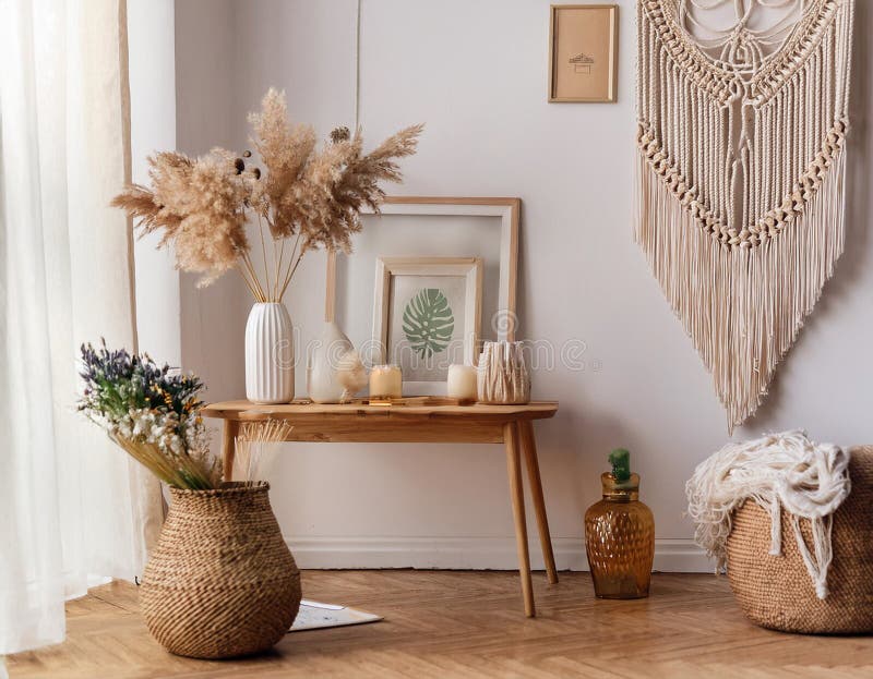 Chic Boho Living Room with Model, Frames, and Flowers in Vase Stock ...