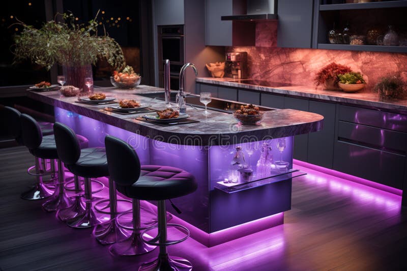 Chic and Bold Kitchen Design Enhanced by the Mesmerizing Purple LED ...