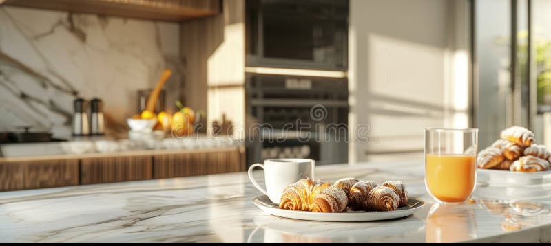 Chic Breakfast Spread: Hot Chocolate and Pastries in a Modern Kitchen ...