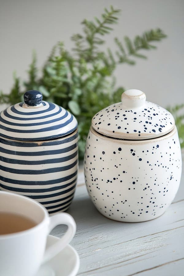 Chic ceramic jars on table stock image. Image of stripes - 345251029