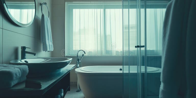 Chic and Clean Modern Bathroom with Large Windows Stock Image - Image ...