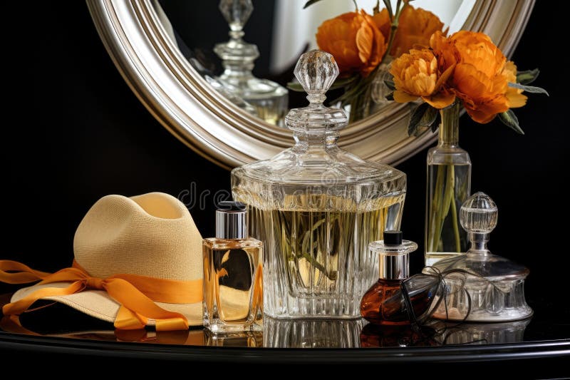 A Chic Cloche Hat on a Dressing Table with a Crystal Bottle of Perfume ...