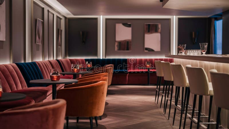 Chic Cocktail Lounge with Plush Seating and Ambient Lighting Stock ...