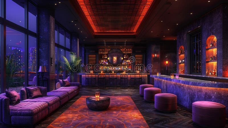 Chic Cocktail Lounge with Velvet Seating and Mood Lighting3D Render ...