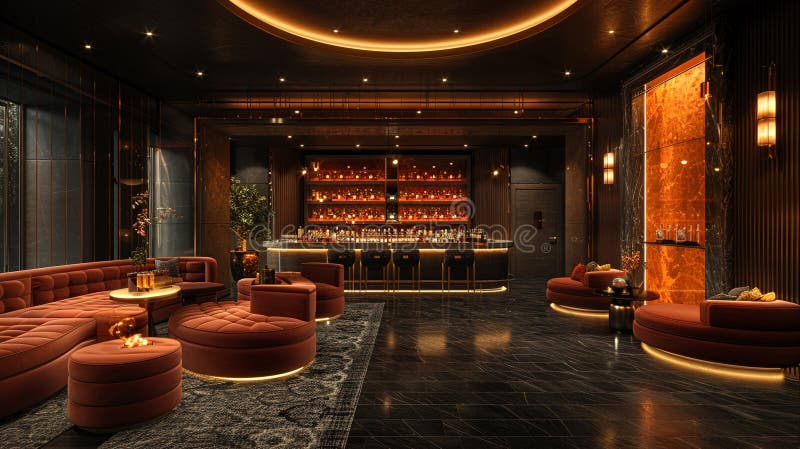 Chic Cocktail Lounge with Velvet Seating and Mood Lighting3D Render ...