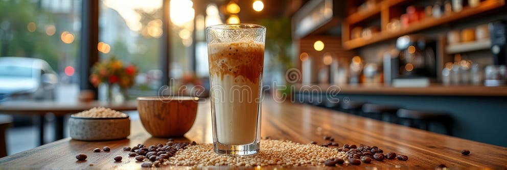 Chic Coffee Shop Setting with Iced Latte and Rustic Decor Stock Image ...