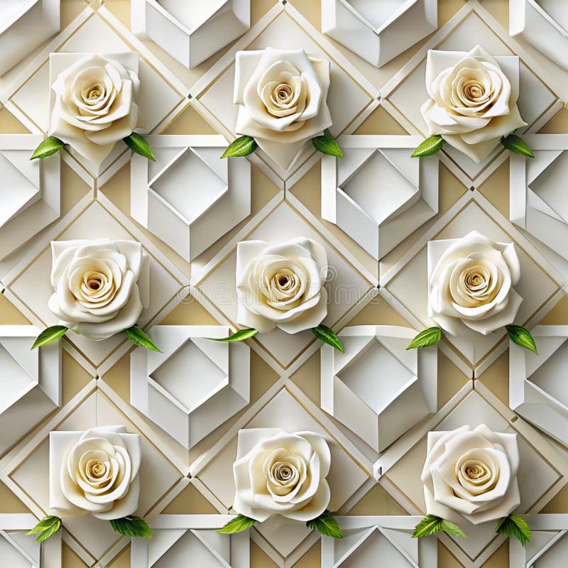 3D Geometric Wallpaper with Squares and White Roses Stock Illustration - Illustration of ...